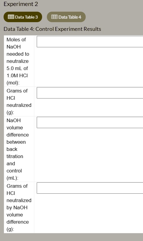 SOLVED: Experiment 2 Data Table 3 Data Table4 Data Table 4: Control Experiment Results Moles of ...