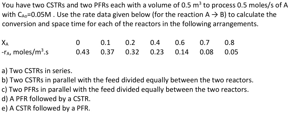 SOLVED: You have two CSTRs and two PFRs, each with a volume of 0.5 m^3, to process 0.5 moles/s ...