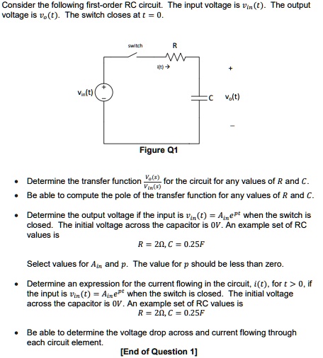 SOLVED: Consider the following first-order RC circuit. The voltage is v(t). The switch closes at ...