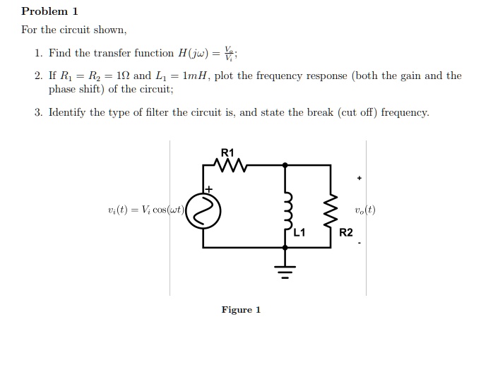 Problem 1 For the circuit shown, 1. Find the transfer function H(jω) = (Vo)/(Vi); 2. If R1 = R2 ...
