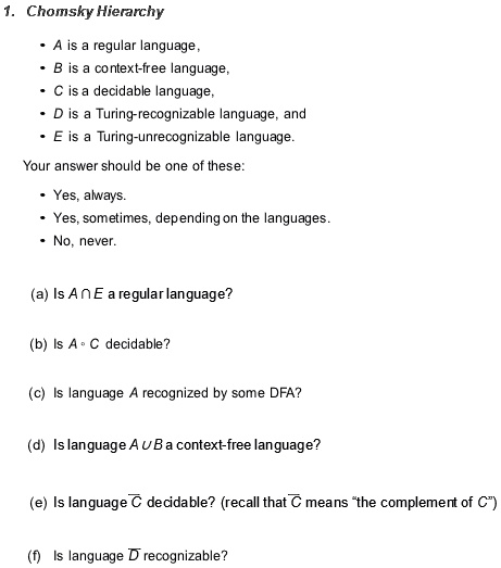 SOLVED: 1. Chomsky Hierarchy A is a regular language B is a context ...