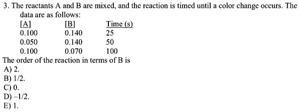 SOLVED: The reactants A and B are mixed, and the reaction is timed ...
