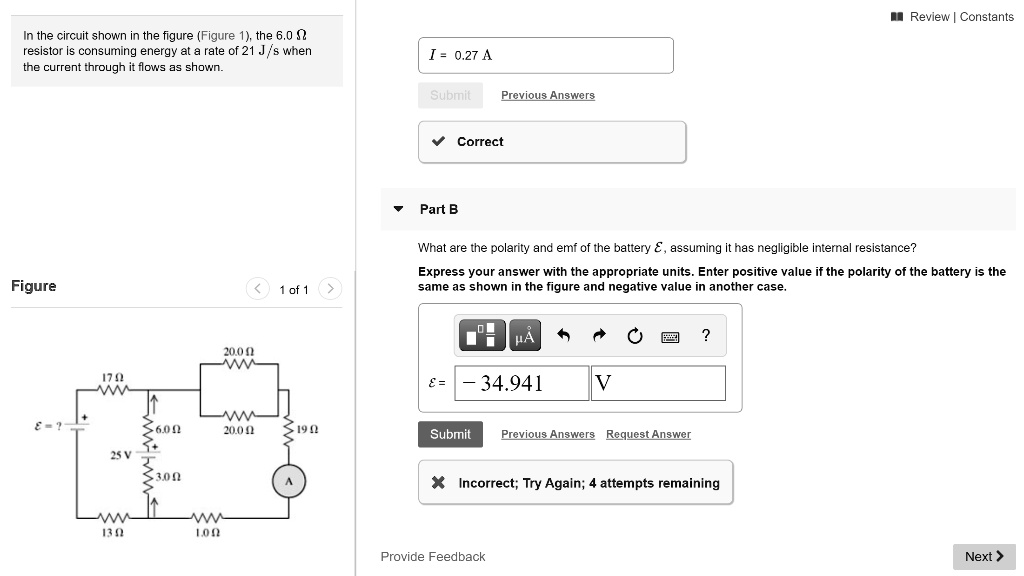 Review Constants In the circuit shown in the figure (Figure 1), the 6.0 Î© resistor is consuming ...