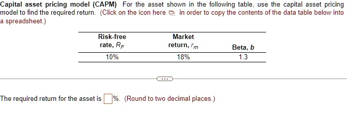 Capital asset pricing model (CAPM) For the asset shown in the following table, use the capital ...