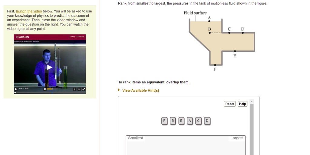 Rank, from smallest to largest, the pressures in the tank of motionless fluid shown in the ...