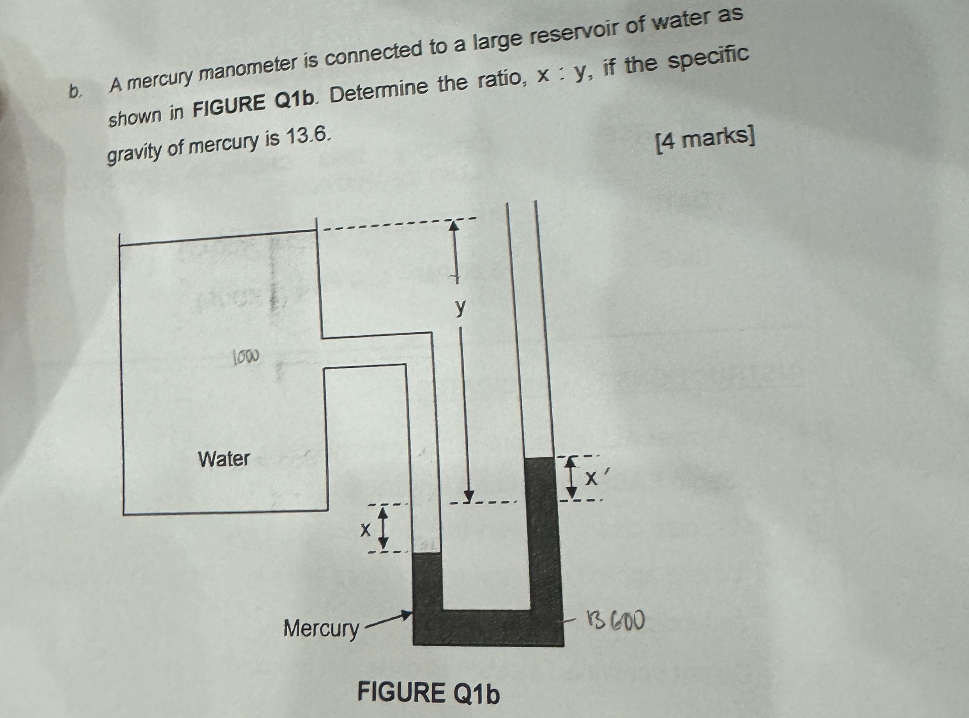 b. A mercury manometer is connected to a large reservoir of water as ...