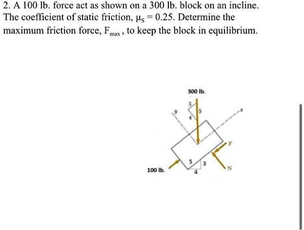 SOLVED: A 100 lb. force act as shown on a 300 lb. block on an incline. The coefficient of static ...