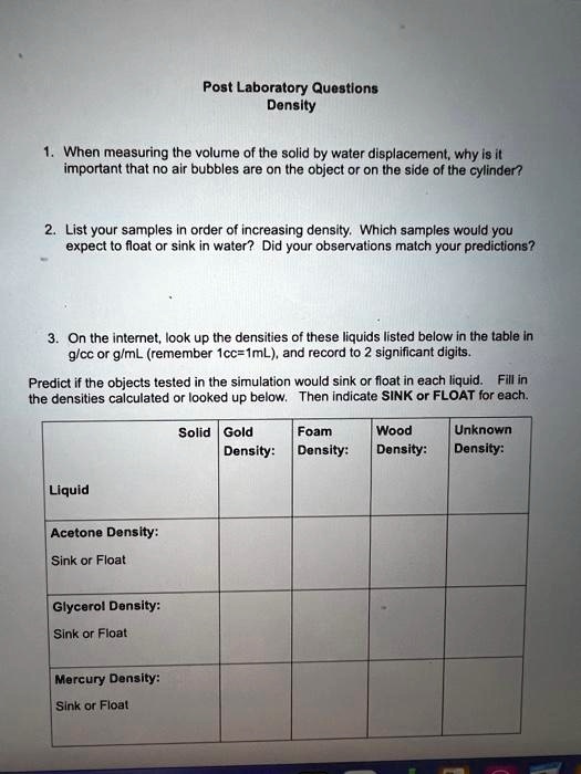 SOLVED: Texts: Post Laboratory Questions - Density 1. When measuring the volume of the solid by ...