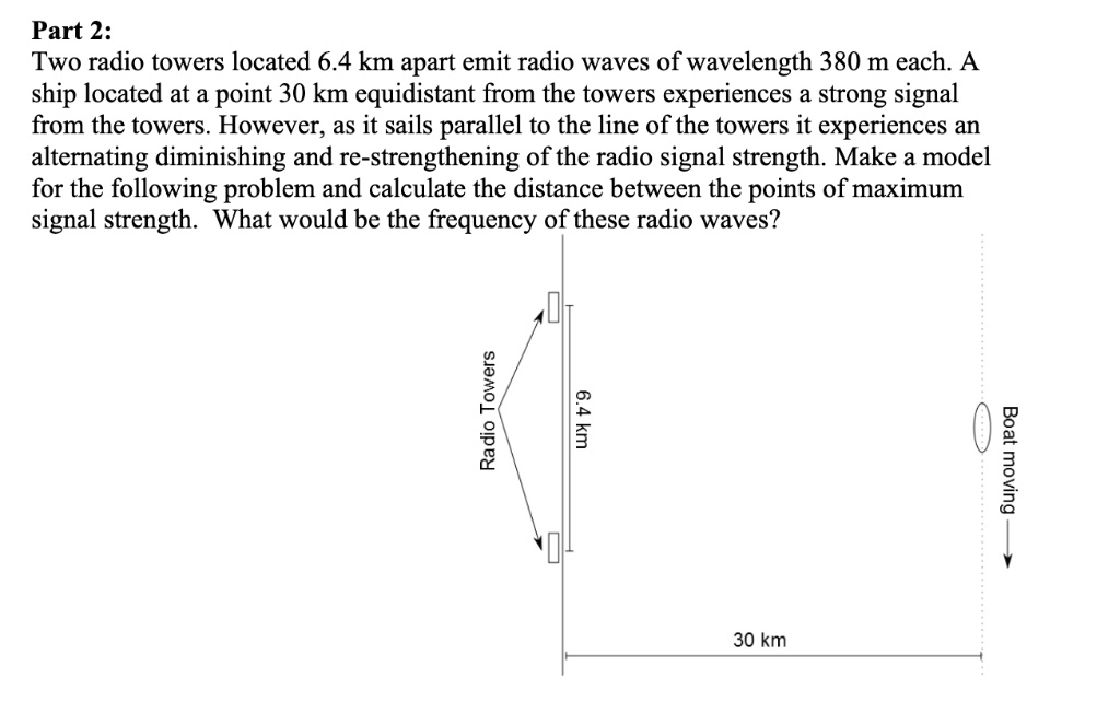 Part 2: Two radio towers located 6.4 km apart emit radio waves of ...