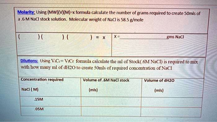 SOLVED: Molarity: Using the formula MWI = (grams / moles) calculate the number of grams required ...