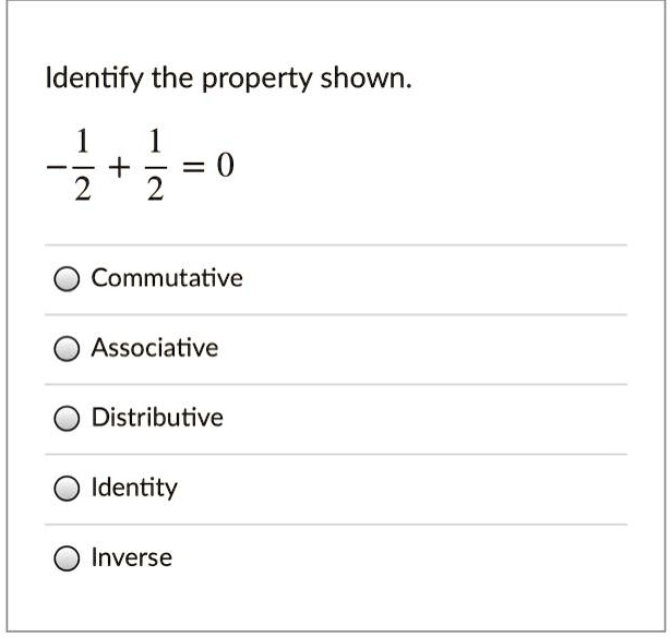SOLVED: Identify the property shown: 2 + 2 =0 Commutative Associative ...