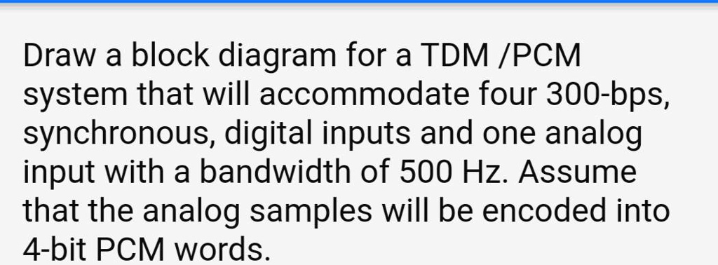 SOLVED: Draw a block diagram for a TDM/PCM system that will accommodate ...
