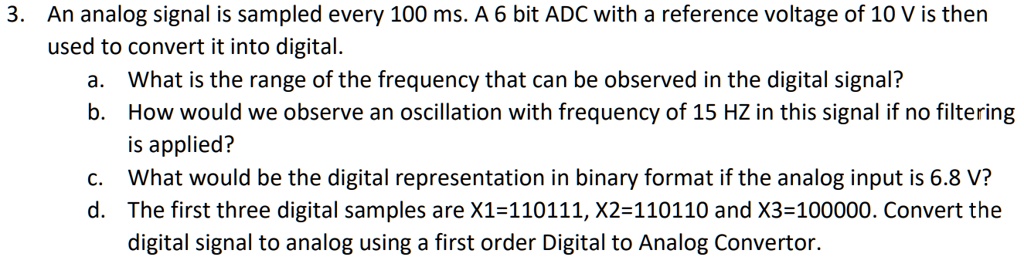 [GET ANSWER] 3. An analog signal is sampled every 100 ms. A 6 bit ADC with a reference voltage ...