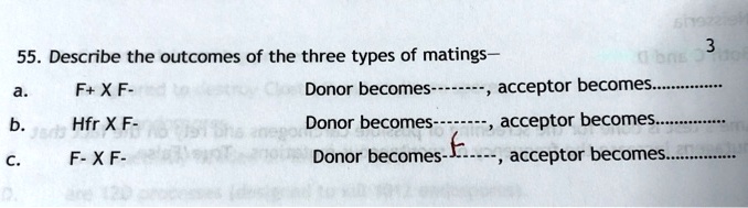 SOLVED:55. Describe the outcomes of the three types of matings Ine F+ ...