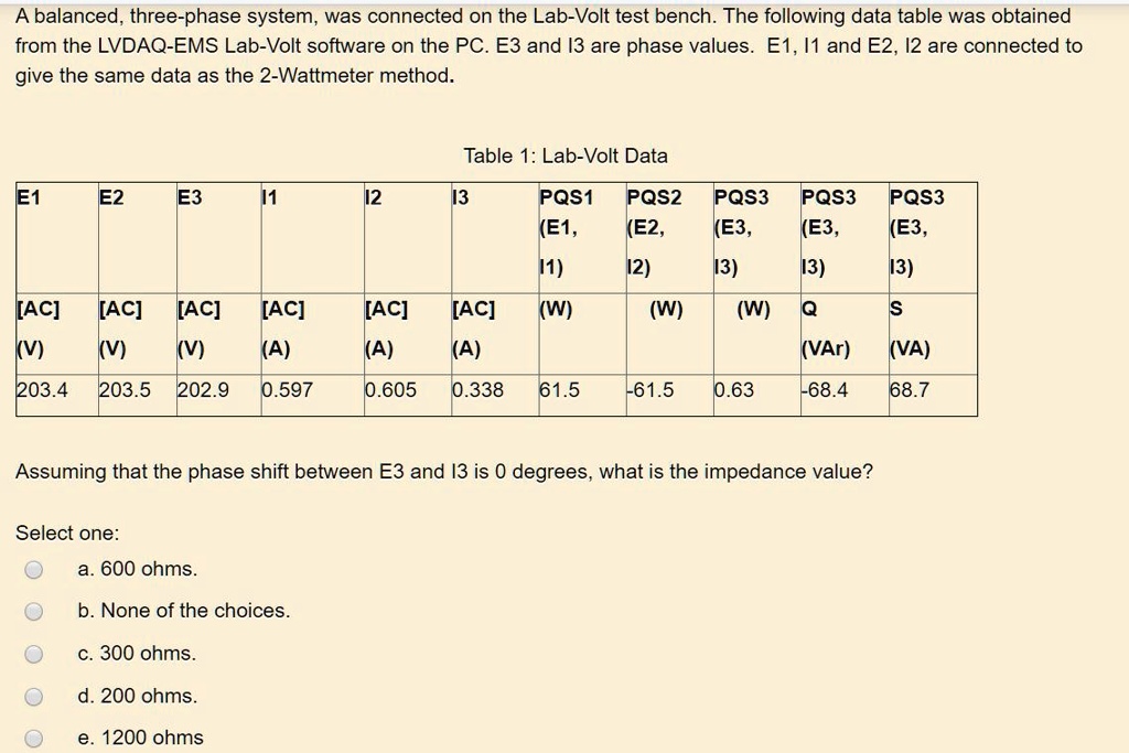A balanced, three-phase system, was connected on the Lab-Volt test ...