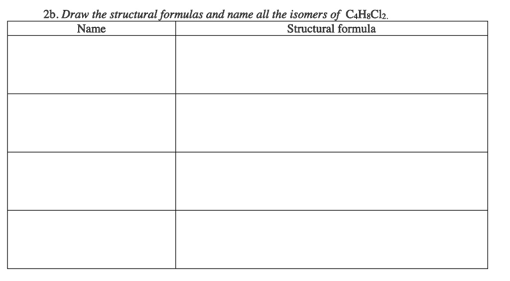 SOLVED: 2b. Draw the structural formulas and name all the isomers of CsH:Cl2 Name Structural formula