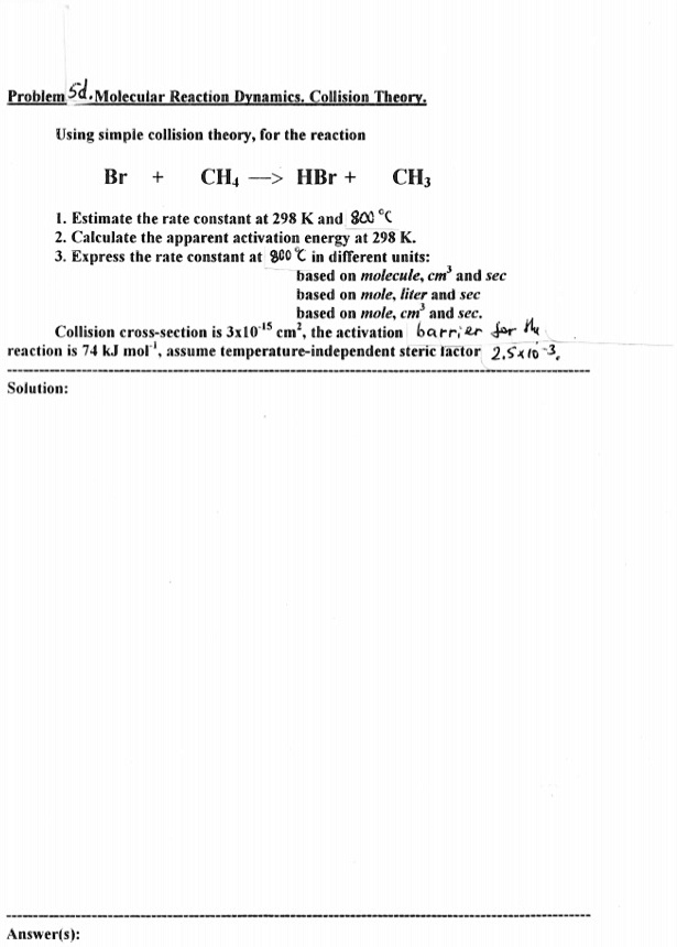 SOLVED: Problem 5d, Molecular Reaction Dynamics: Collision Icon Using simple collision theory ...