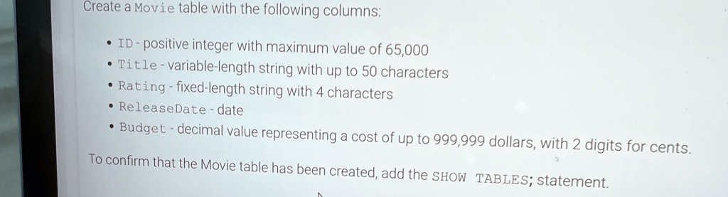 create a movie table with the following columns id positive integer ...