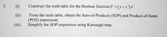 Solved Construct The Truth Table For The Boolean Function F Ytzx 0747