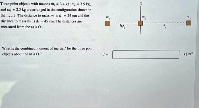 Three point objects with masses m1 = 3.4 kg, m2 = 3.5 kg, and m3 = 2.3 kg are arranged in the ...