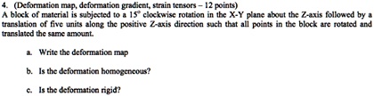 4. (Deformation map, deformation gradient, strain tensors - 12 points) A block of material is ...