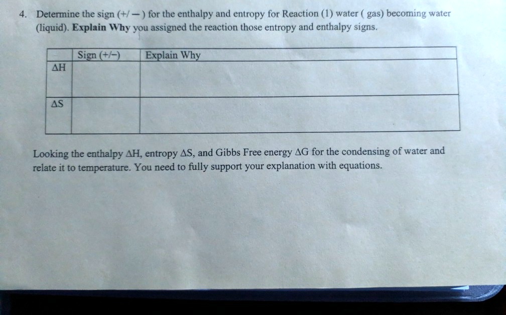 SOLVED: Determine the sign (+/ - for the enthalpy and entropy for Reaction (1) water gas ...