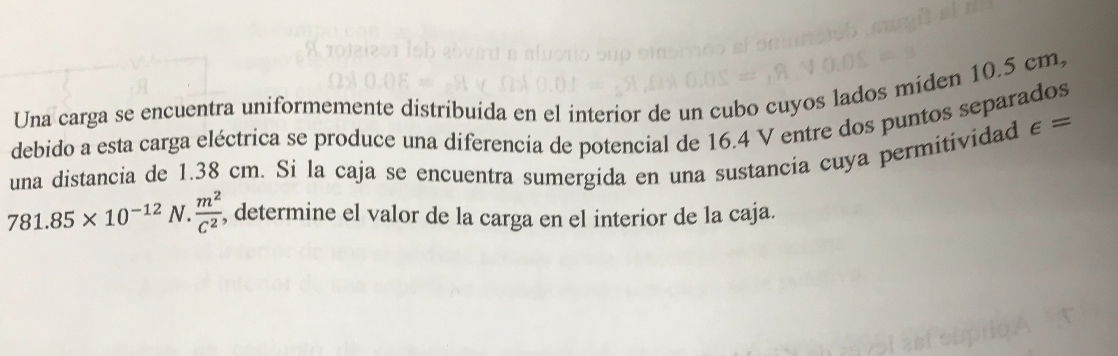 una carga se encuentra uniformemente distribuida en el interior de un cubo cuyos lados miden 105 ...