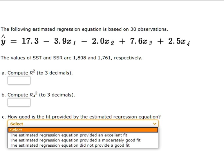 the following estimated regression equation is based on 30 observations ...