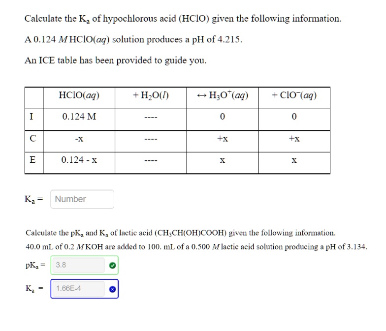 Calculate the Ka of hypochlorous acid (HCIO) given the following ...