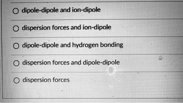 SOLVED: dipole-dipole and ion-dipole dispersion forces and ion-dipole ...