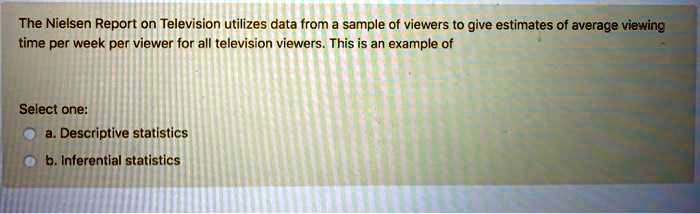 SOLVED: The Nielsen Report on Television utilizes data from a sample of ...