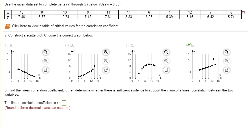 SOLVED: Use the given data set to complete parts through (c) below: (Use Î± = 0.05.) 12.74 Click ...