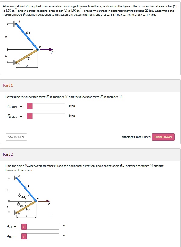 A horizontal load P is applied to an assembly consisting of two inclined bars, as shown in the ...
