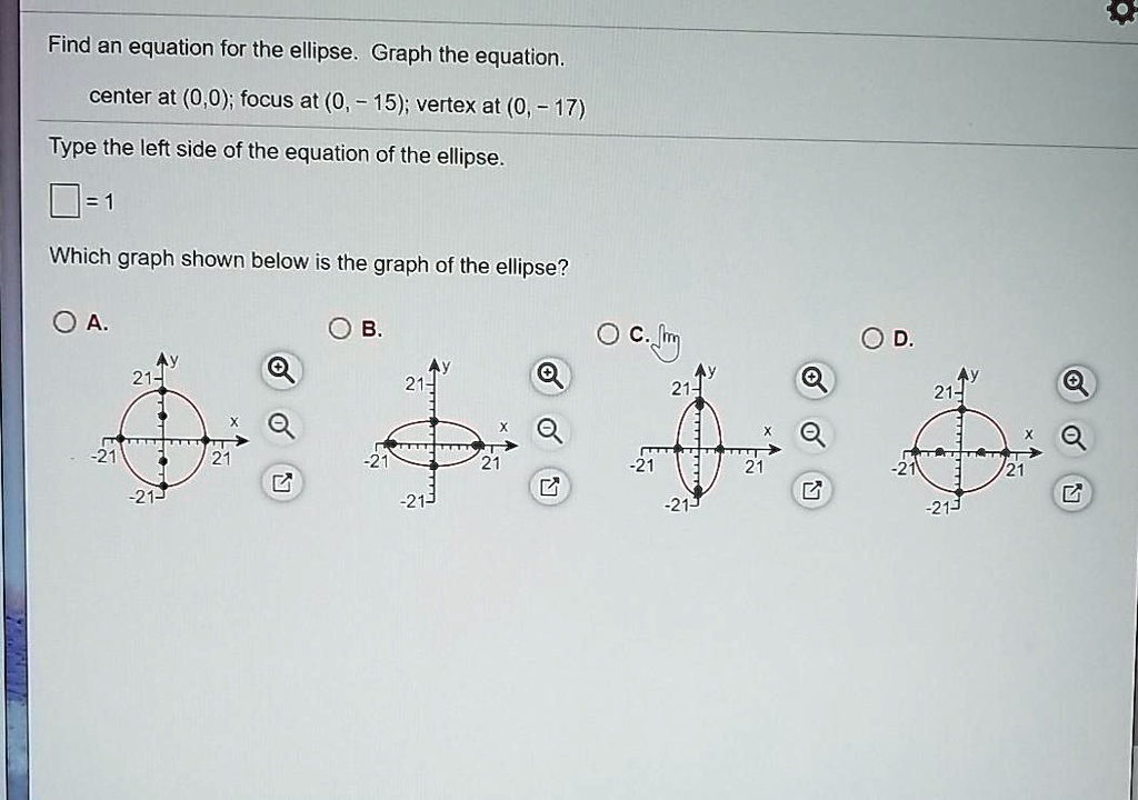 Find an equation for the ellipse. Graph the equation. center...