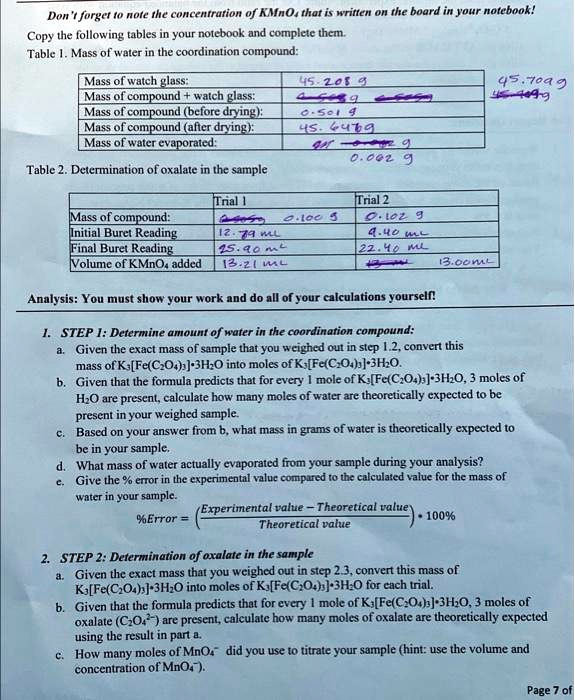 SOLVED: Need help? Here is my data table. Don't forget to note the concentration of KMnO4 that ...