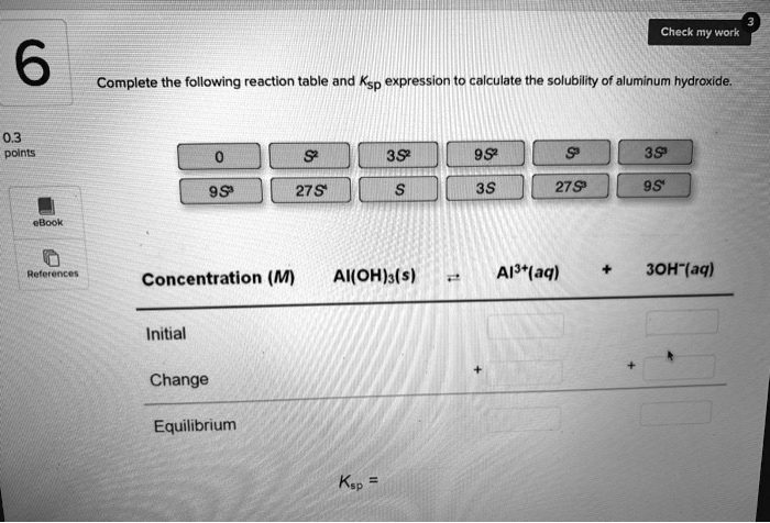 SOLVED: Check my work 6 Complete the following reaction table and Ksp expression to calculate ...