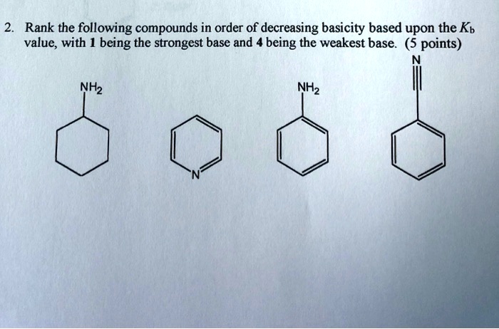 SOLVED: Rank the following compounds in order of decreasing basicity based upon the Kb value ...