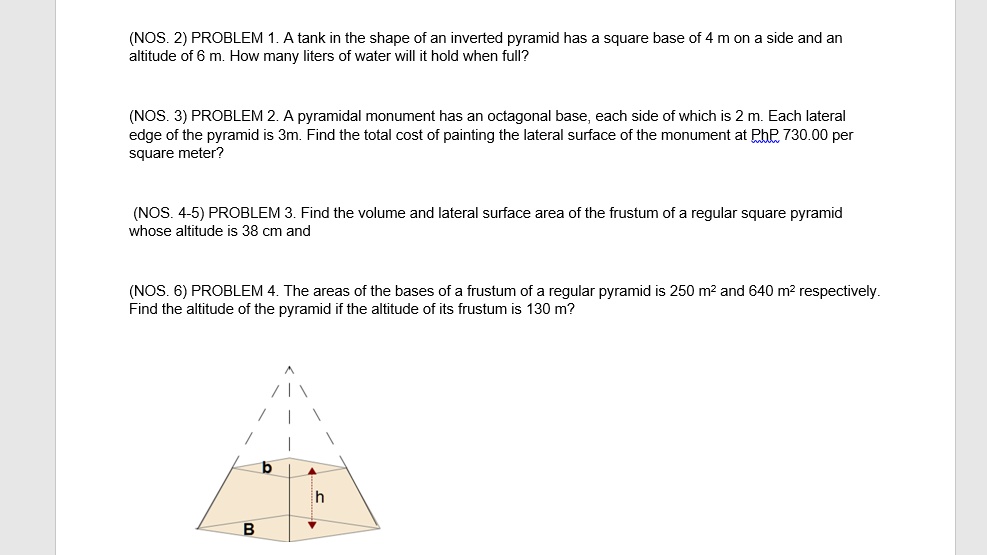 SOLVED: (NOS. 2) PROBLEM 1: A tank in the shape of an inverted pyramid ...