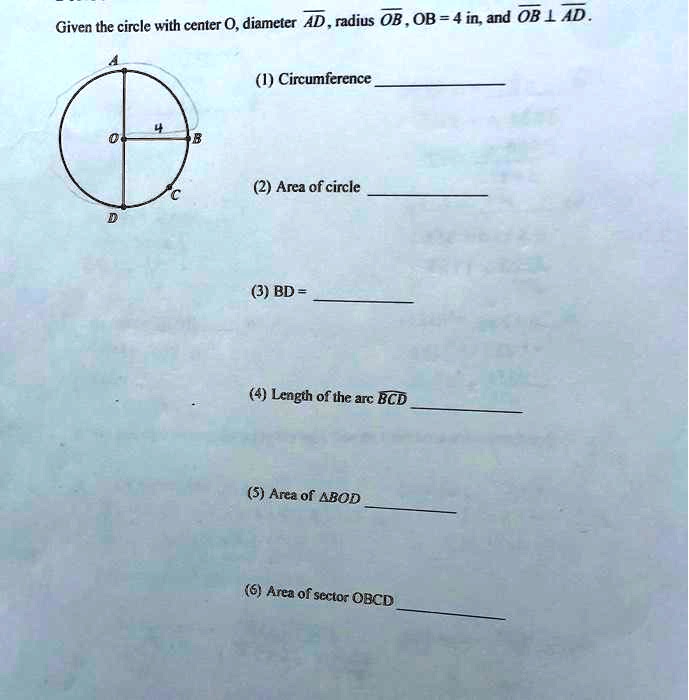 SOLVED: Given the circle with center O, diameter AD, radius OB = 4 in ...