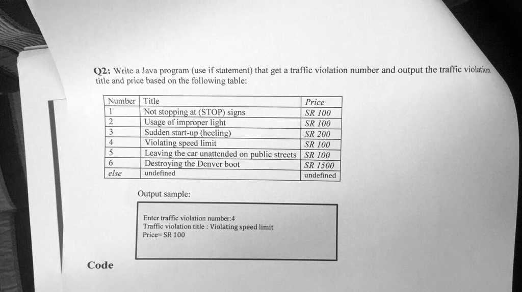 Solved Q2 Write A Java Program Use If Statement That Gets A Traffic Violation Number And