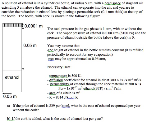 A solution of ethanol is in a cylindrical bottle, of radius 5 cm, with ...