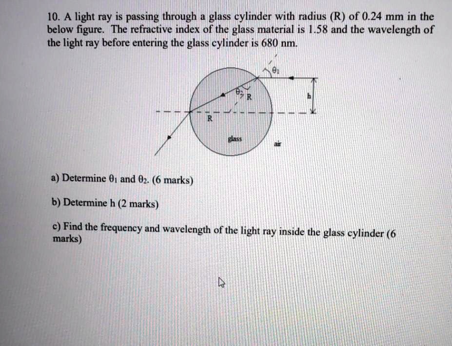 10 light ray is passing through glass cylinder with radius r of 024 mm ...