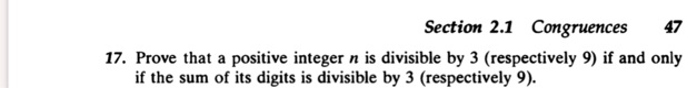 SOLVED: Section 2.1 Congruences 17. Prove that positive integer n is divisible by 3 ...