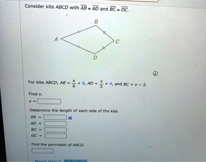 consider kite abcd with ab ad and bc dc for kite abcd ab 6 ad 4 and bc ...
