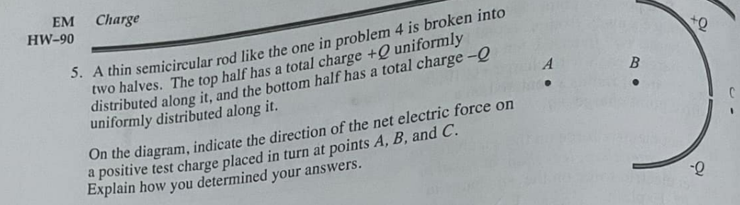 EM Charge HW-90 5. A thin semicircular rod like the one in problem 4 is broken into two halves ...