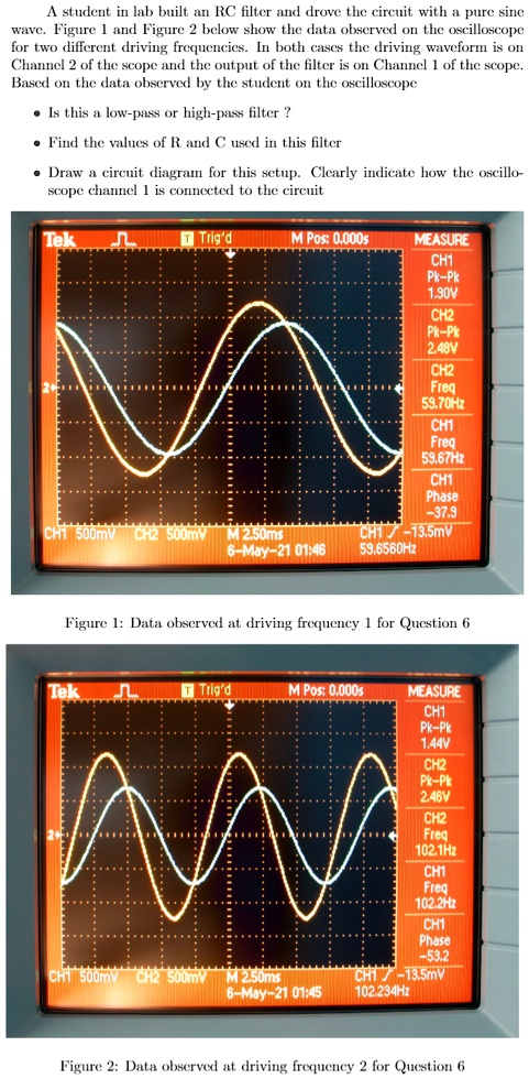 a student in lab built an rc filter and drove the circuit with a pure sine wave figure 1 and ...