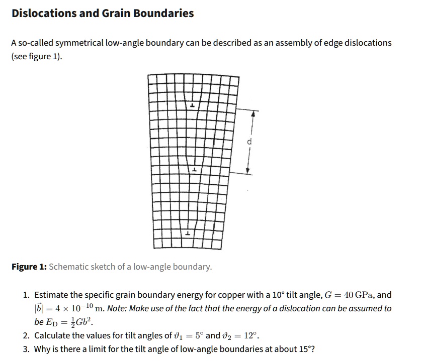 Dislocations and Grain Boundaries A so-called symmetrical low-angle boundary can be described as ...