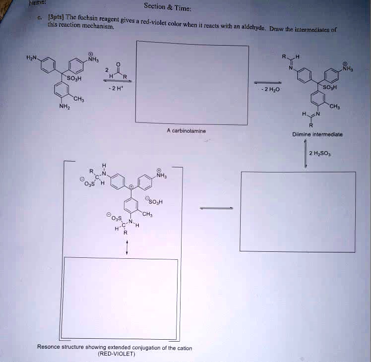 [3pts] The fuchsin reagent gives a red-violet color when it reacts with ...