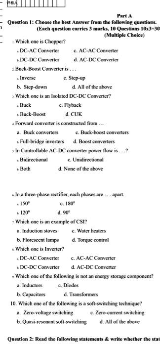 Part A Question 1: Choose the best Answer from the following questions ...