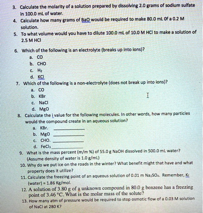 SOLVED: Calculate the molarity of a solution prepared by dissolving 2.0 grams of sodium sulfate ...